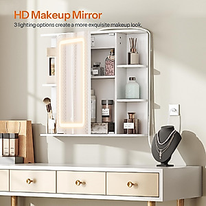 HOOBRO Bathroom Medicine Cabinet with Mirror, Wall-Mounted Cabinet with Storage, Lighted Medicine Cabinet with LED Lights, Charging Station, Adjustable Shelf, 5 Open Shelves, White