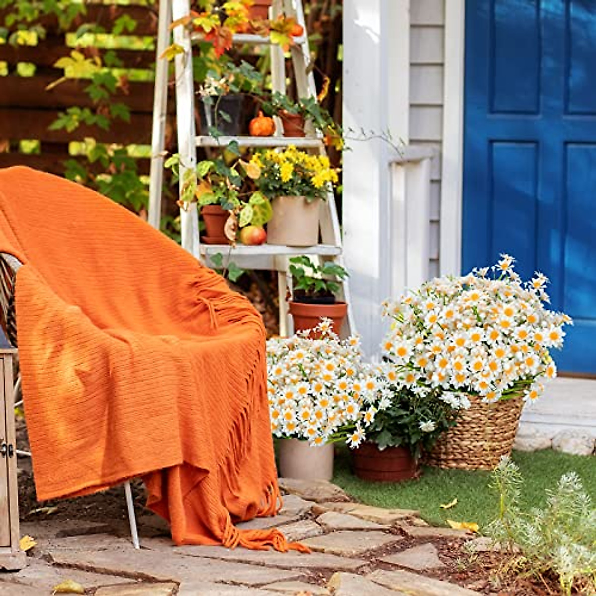 CEWOR 10 Bundles Artificial Daisies Flowers Outdoor, Fake Plastic Plants UV Resistant Faux Greenery for Hanging Planters Window Box Front Porch Indoor Outside Decorations (White)