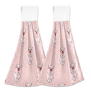 KEEPREAL Pink Pig Kitchen Towels Set of 2, 12 X 17 in Soft Hand Towels or Dishcloths with Hanging Loop, Absorbent Hand Towel for Bathroom Kitchen Décor