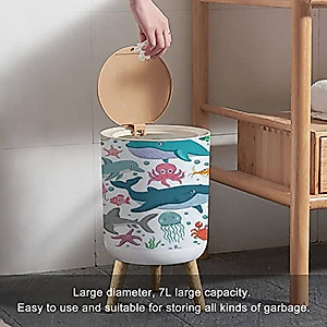 Trash Can with Lid Marine Life sea Animals and Fish Various Poses and situations Drawing Press Cover Small Garbage Bin Round with Wooden Legs Waste Basket for Bathroom Kitchen Bedroom 7L/1.8 Gallon