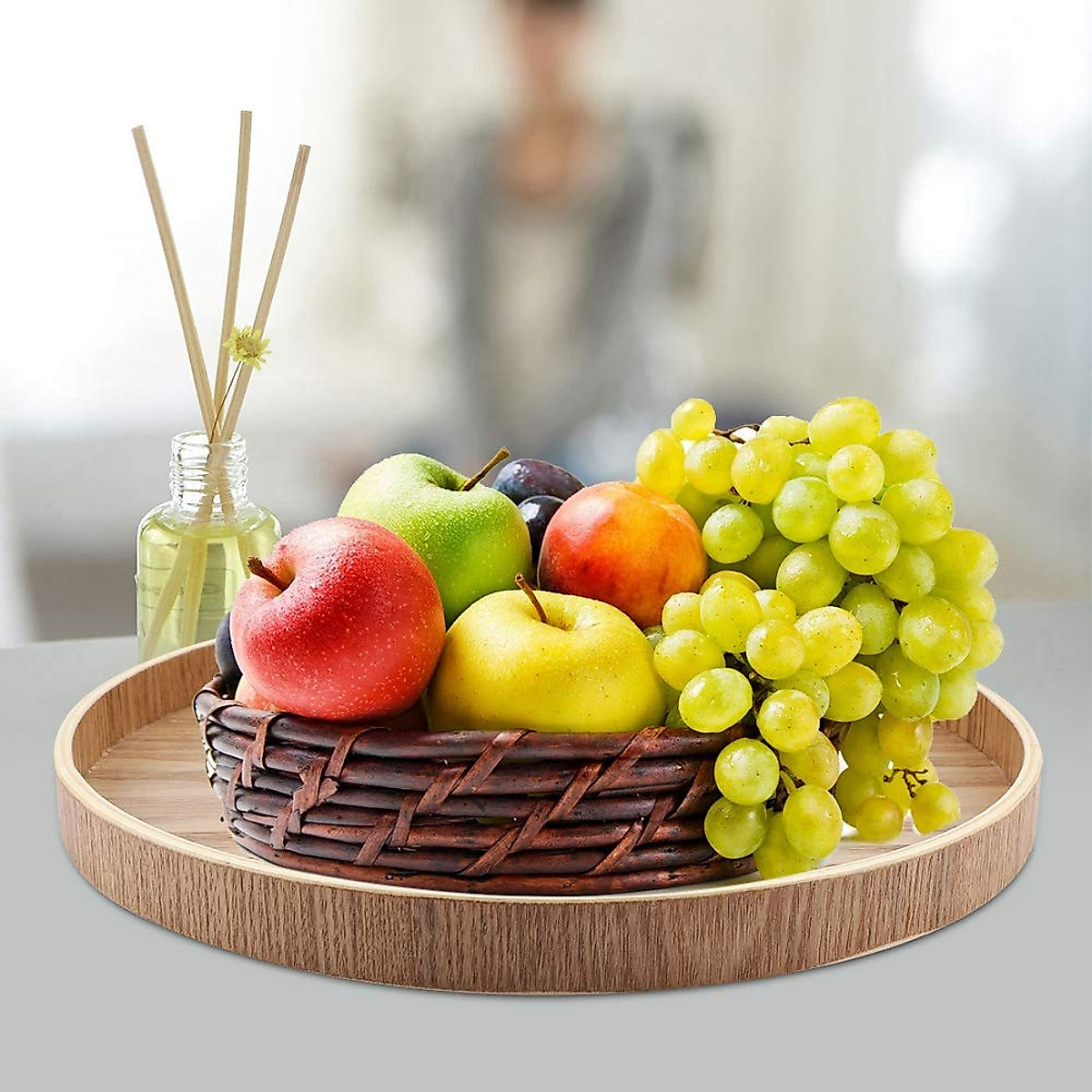 Simlug Serving Tray,Wooden Serving Plate Wooden Round Serving Tray, Natural Wood Plate for Tea Set Fruits Food Home Decoration(30cm)