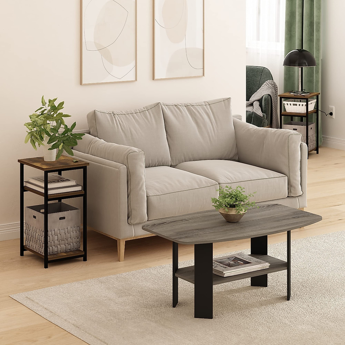 Furinno Just 3-Tier Metal Frame End Table with Storage Shelves, 2-Pack, Amber Pine