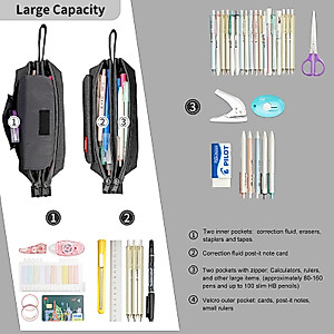 Pencil Case with Two Large Compartment Pockets Large Capacity Pencil Pouch Pencil Pouch Cosmetic Bag School Supplies Office Stationery Storage Gift for Students Girls Boys Adults Teenagers-Black