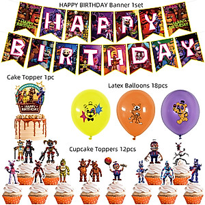 Freddy's Birthday Party Decorations, 5 Nights Decorations include Banner,Cake Toppers, Balloons for Kids Baby Shower Birthday Party Supplies (Purple)