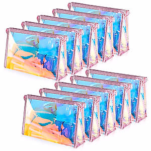 BESARME 10 Pcs Holographic Makeup Bags Bulk, Stocking Stuffers for Women Clear Portable Zippered Toiletry Bag Waterproof Cosmetic Bags Christmas Gifts for Women in Bulk