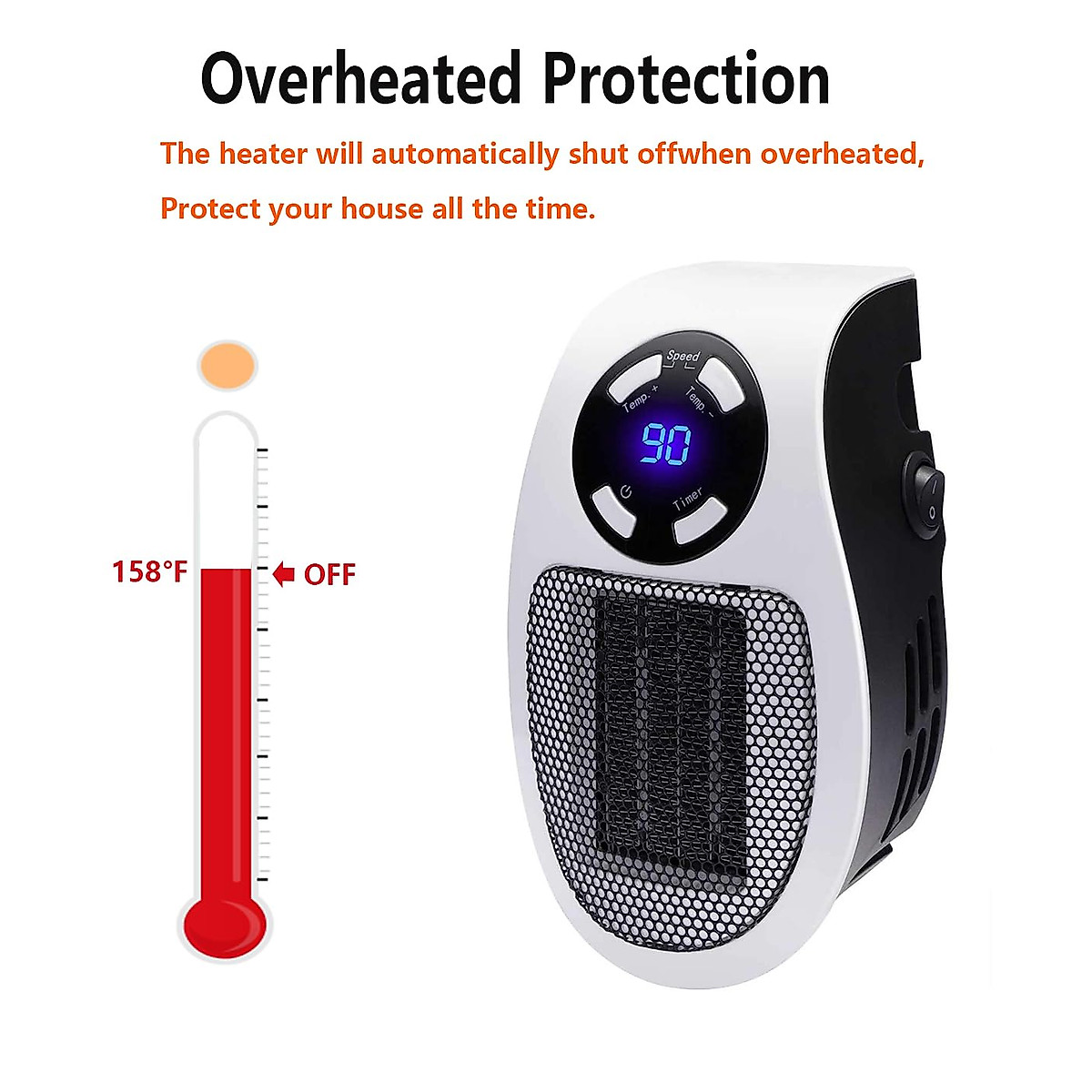 Upwsma Upgrade Smart Wall Space Heater 500W/800W Portable Electric Small Heater With Adjustable Thermostat and Timer, Overheat Protection, LED Display,Safe Heater for Office Dorm Dog Room(White-500W)