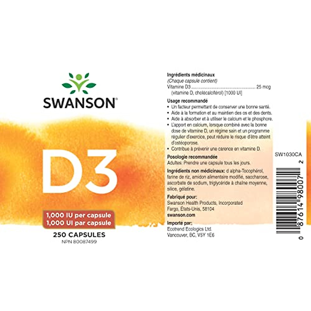 Swanson Vitamin D-3 (cholecalciferol) - High Potency - 1000 IU (25 mcg) 250 Capsules