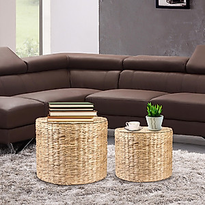 KOL Nesting Multipurpose Handwoven Storage Basket (Set of 2), Round Rattan Natural Stool/Side Table, Handwoven Organizer with Removable Lid, Dia 17"x14" H. & Dia 15"x12" H.