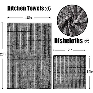 Puomue Microfiber Kitchen Towels and Dishcloths Set, 26 X 18 Inch and 12 X 12 Inch, Set of 12 Bulk Lint Free Dish Towels for Drying Dishes, Grey