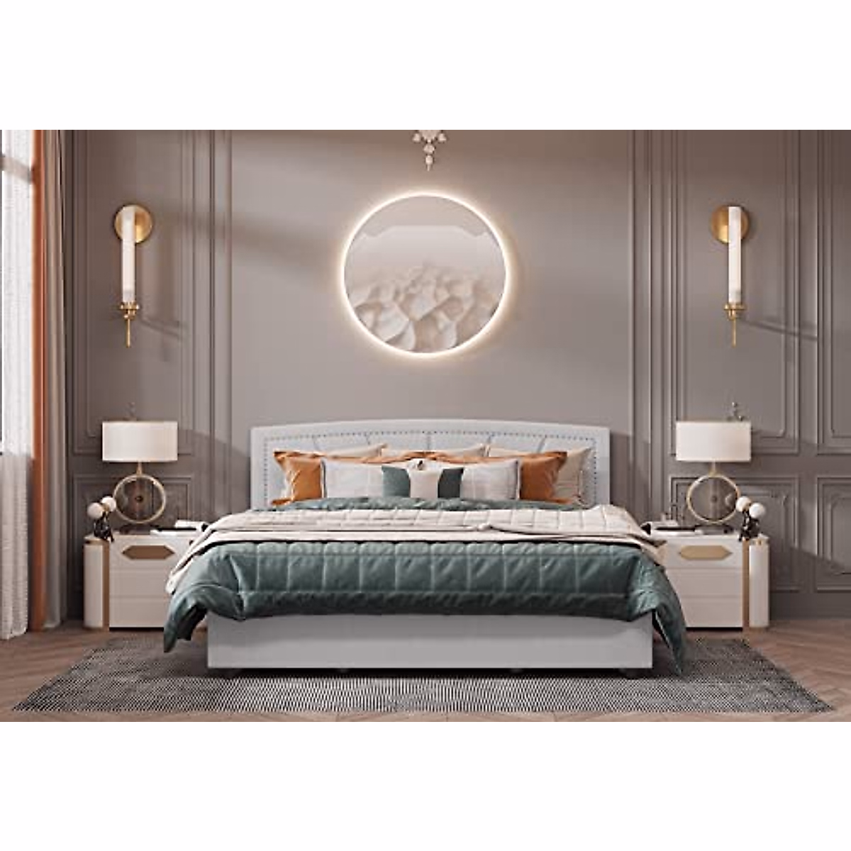 BONSOIR King Size Storage Bed Frame Upholstered Low Profile Traditional Platform with Tufted and Nail Headboard/No Box Spring Needed/4 Pull Out Drawers/Light Grey Linen Fabric (King Size)