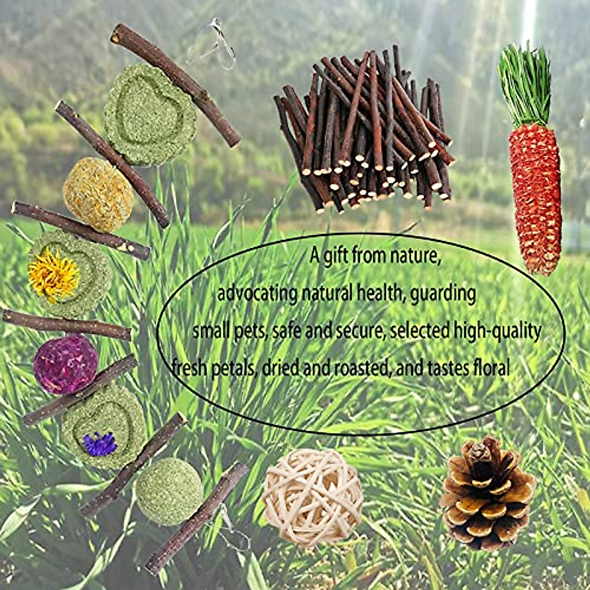 Rabbit Chew Toys for Teeth, Bunny Molar Toys, Small Animal Chew Molar Toys Natural Flower Timothy Grass Cake Pinecones and Corn Toy for Rabbits Chinchilla Hamsters Guinea Pigs Gerbils… (Style 1)