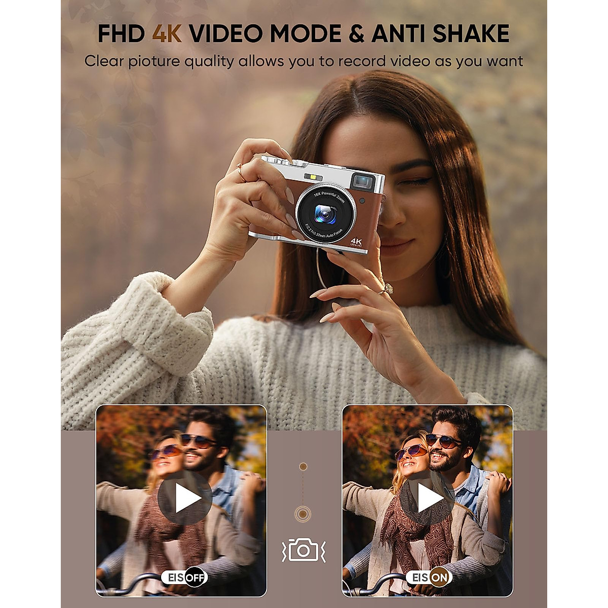 NEZINI 4K Digital Camera,Auto Focus 48MP Vlogging Camera for YouTube and Anti-Shake Video Camera with Viewfinder Flash & Dial,16X Zoom Travel Portable Camera with 32GB Card,2 Batteries