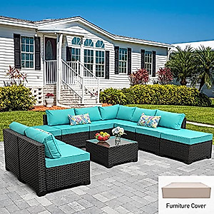 Rattaner 10 Pieces Patio Sectional Furniture Set Outdoor Wicker Conversation Sofa Couch with Turquoise Non-Slip Cushions Furniture Cover Black PE Rattan