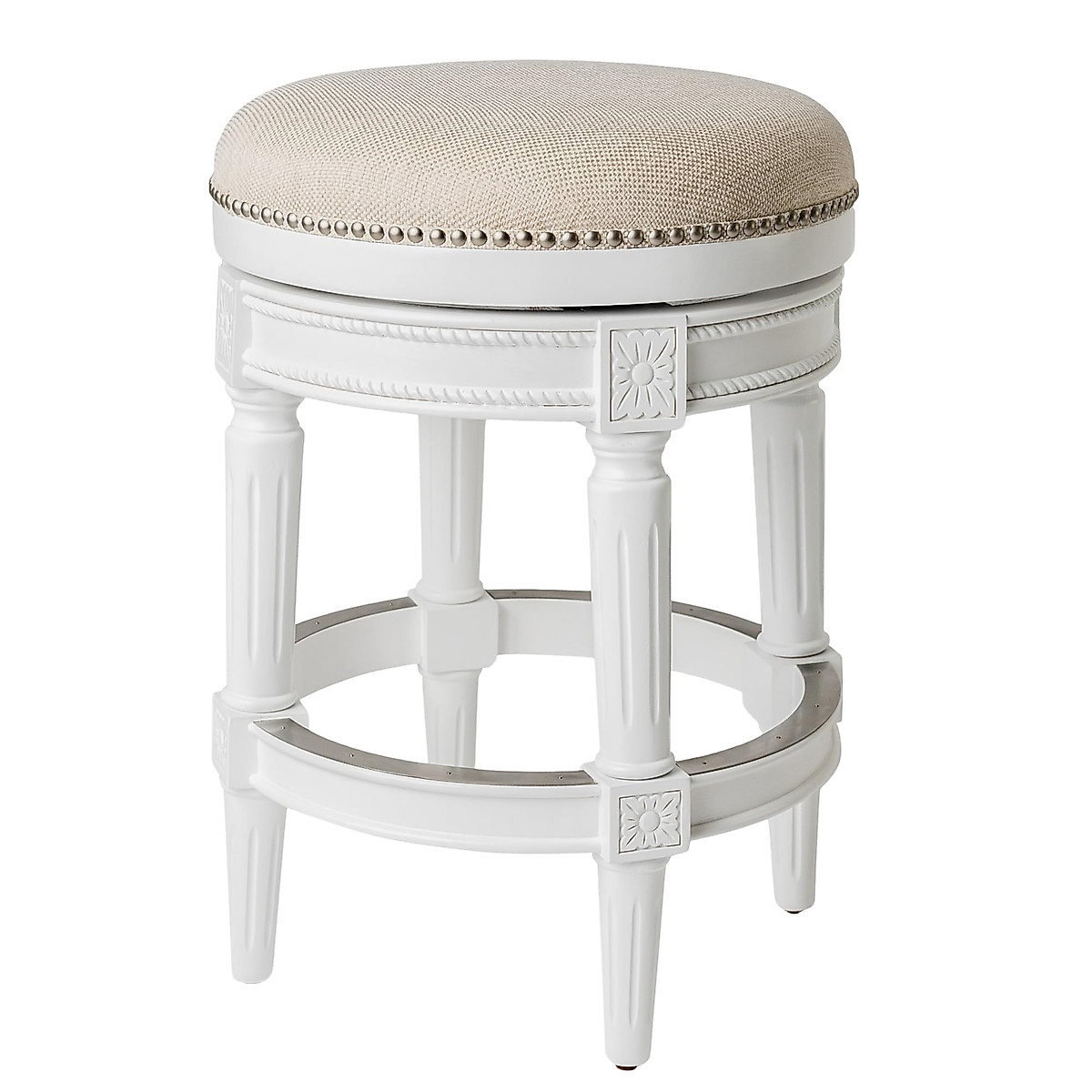 Maven Lane Pullman 26 Inch Tall Backless Alabaster White Finish Counter Height Upholstered Barstool with Cream Fabric Cushion Seat