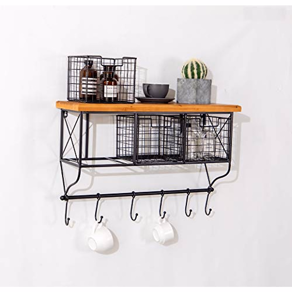 Ctystallove Industrial Wall Mounted Metal Wood Shelf with Baskets Hooks Hanging Storage Rack Display Shelf Sundries Holder for Coffee Bar Kitchen Office Bathroom Organization and Home Decor, Black