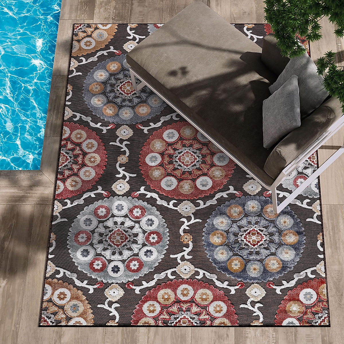CAMILSON Indoor/Outdoor Rug 9x12 Bohemian Medallion Floral Area Rugs for Indoor and Outdoor Patios Easy-Cleaning Non-Shedding Living Room Garden and Kitchen Washable Outside Carpet (9 x 12 / Brown)