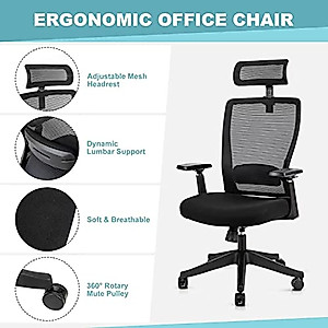 H HONSIT Big and Tall Office Chair- Ergonomic Mesh Office Chair with 3D Armrest, Adjustable Headrest and Sponge Lumbar Support, Comfortable Tilt Function Executive Swivel Office Chair,300lbs