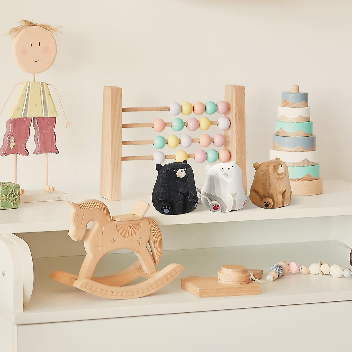 Lineshading 3 Pcs Miniature Bear Statues Funny Wooden Bear Figurines Safari Nursery Decor Woodland Animal Nursery Decor Rustic Wooden Animal Figurines for Nursery Bedroom Playroom Gift, 1.2 x 1.4 Inch