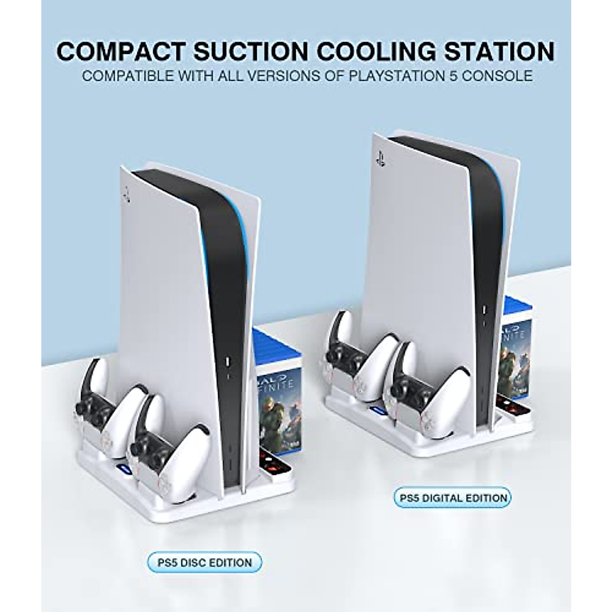 PS5 Stand and Cooling Station with Dual Controller Charging Station Compatible with PS5 Controller,Compact PS5 Accessories with Cooling Fan,Controller Charger,2 in 1 USB Cable, Media Slot, Screw