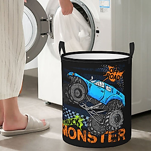 Gbuzozie Monster Truck Print Round Laundry Hamper Storage Basket Toys Clothes Organizer Bin For Home Bathroom Bedroom Dorm Nursery, 62l