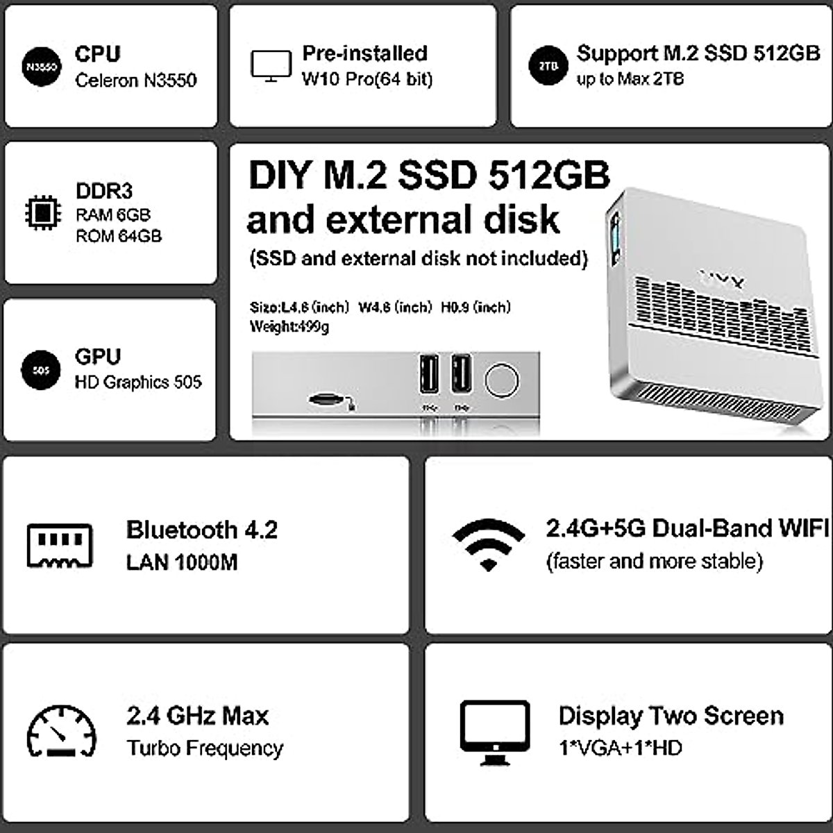 UXX Mini PC Support 512GB M.2 SSD, Intel Celeron N3350 (Up to 2.4GHz) Mini Computer, 6GB RAM/64GB Micro PC HDMI/VGA Dual Display,Mini Desktop Computer WiFi5/BT/VESA/Mouse,for Business,Home,Office