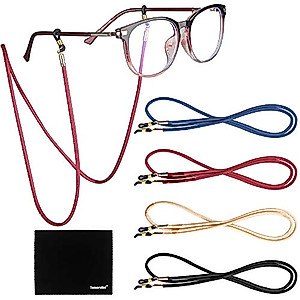 Tomorotec [4 Pack] Eyeglasses Holder Strap Cord, Eyeglass Retainer, PREMIUM PU LEATHER Eyeglasses String Holder Chain Necklace, Glasses Cord Lanyard with Free Microfiber Cleaning Cloths (4 Colors)