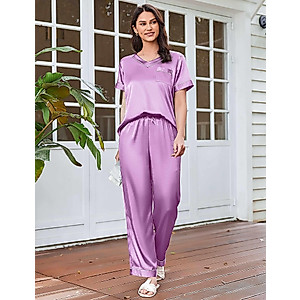 Ekouaer Silky Pajamas for Women Silk Pajamas for Women Classic Satin Sleep Sets Short Sleeve Pjs Set Loungewear Lavender L