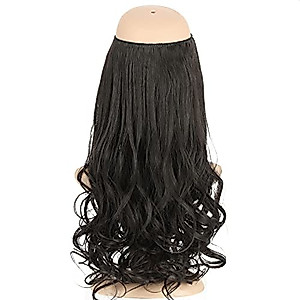 GIRLSHOW Invisible Wire Hair Extensions with Transparent Headband Synthetic 24 Inch 4.9 Oz Wavy Curly Adjustable Size No Clip Long Hairpieces for Women (Natural Black -#113A, 24 Inch)