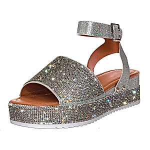 NOLDARES Sandals for Women Casual Summer Rhinestone Crystal Platform Sandals Strappy Open Toe Wedge Sandals,silver,11