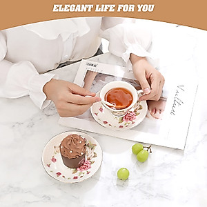 Viktorwan Porcelain Tea Cup and Saucer Coffee Cup Set with Saucer and Spoon, Set of 7 (2 Tea Cups, 2 Saucers, 2 Spoons, and 1 Bracket)