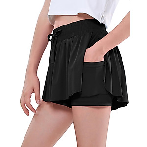 EXARUS Girls Butterfly Shorts Flowy Athletic 2 in 1 Running Skirt Skorts Dance Cheer Tennis Preppy Flutter Gym Kids Activewear Black 10Y