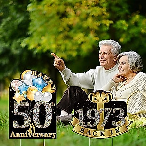 Golden 50th Wedding Anniversary Yard Sign Set, 2 Outdoor Lawn Signs With Stakes, 50th Anniversary Decorations, 12 X 15 Inches, Weatherproof, Ideal For Party, Garden, And Celebration (black gold-50)