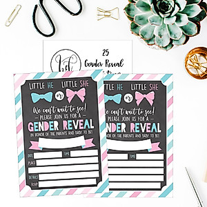 25 Pink and Blue Gender Reveal Baby Shower Party Invitation Cards, He or She Personalized For Gender Neutral Unisex Invites Guess If It's a Boy or Girl Sprinkle Fill In The Blank Printable Invite Pack