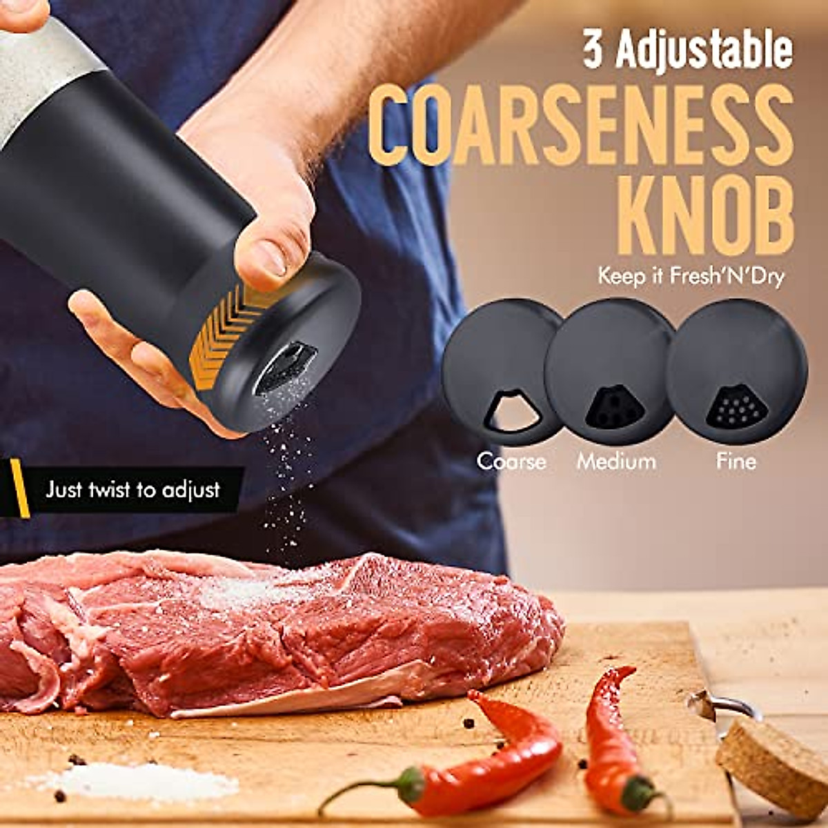 The Original Salt and Pepper Shakers set - Black & White - Spice Dispenser with Adjustable Pour Holes - Stainless Steel & Glass - Set of 2 Bottles