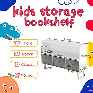 Kids Bookcase and Bookshelf Multi Shelf Cubby with 3 Collapsible Fabric Drawers Kid's Book and Toy Display Rack Toy Storage Cabinet Organizer for Playroom Nursery Children's Room School, White+Grey