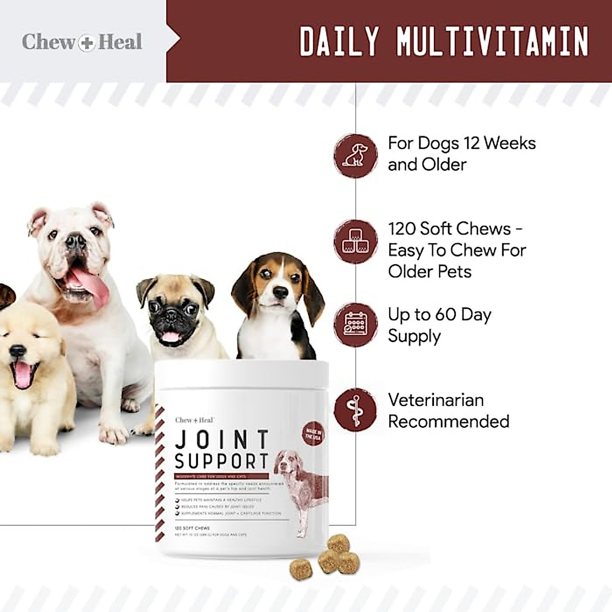 Chew + Heal Joint Support Dog Supplement, Count of 120