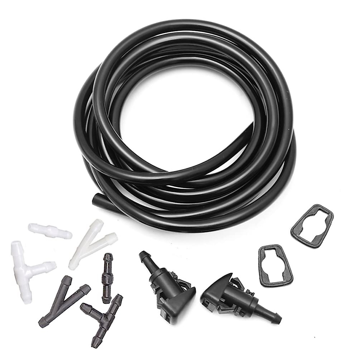 Front Windshield Washer Nozzles Kit for Dodge, Jeep, Ram - Replaces OEM # 4805742AB, 5116079AA Wiper Spray Washer Jet with 118 Inch Long Fluid Hose and 6 Connectors