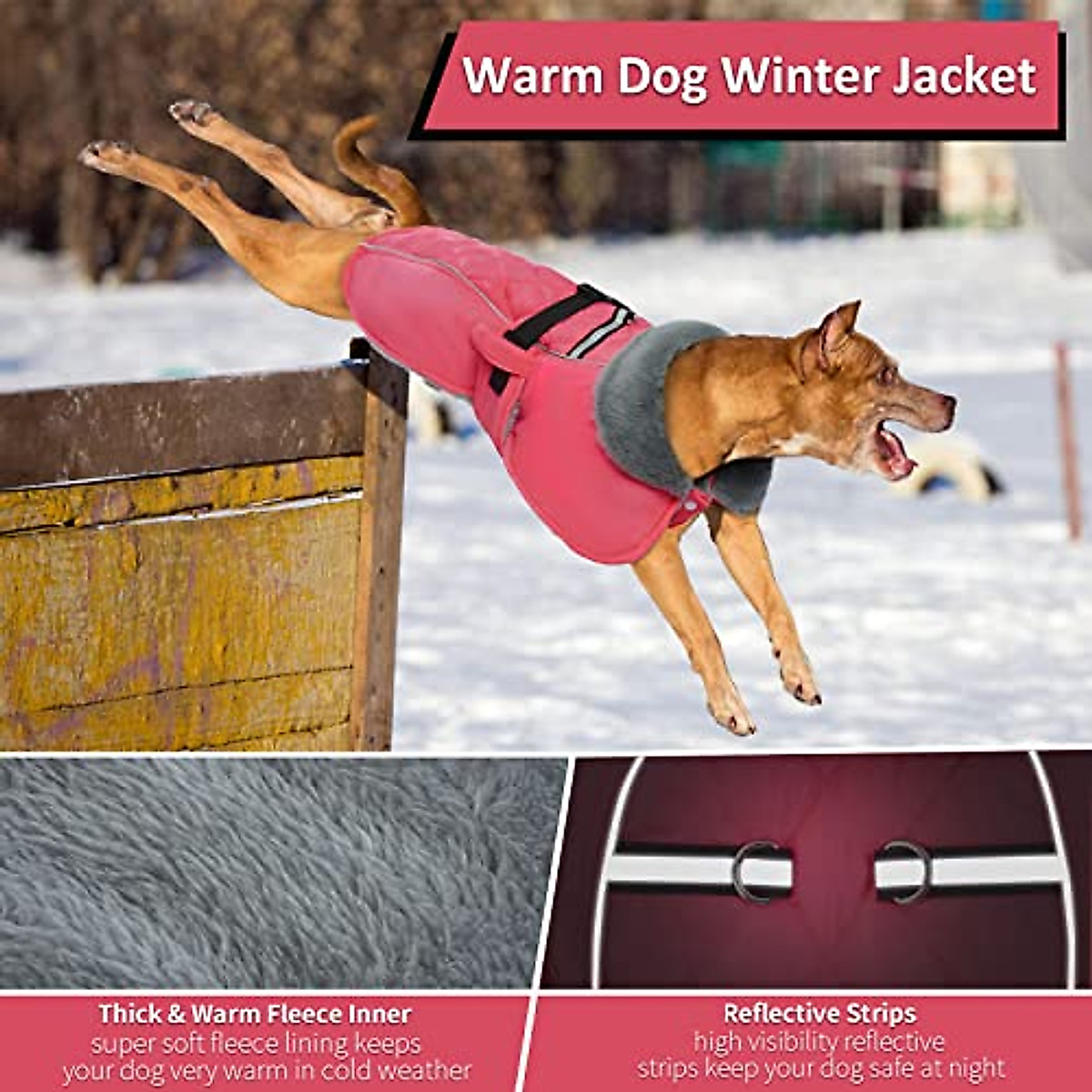 Lelepet Dog Winter Jacket, Reflective Dog Winter Coat with Adjustable Buckle & D-Ring Windproof Warm Dog Padded Coat for Cold Weather Fleece Turtleneck Dog Vest Pet Apparel for Small Medium Large Dogs