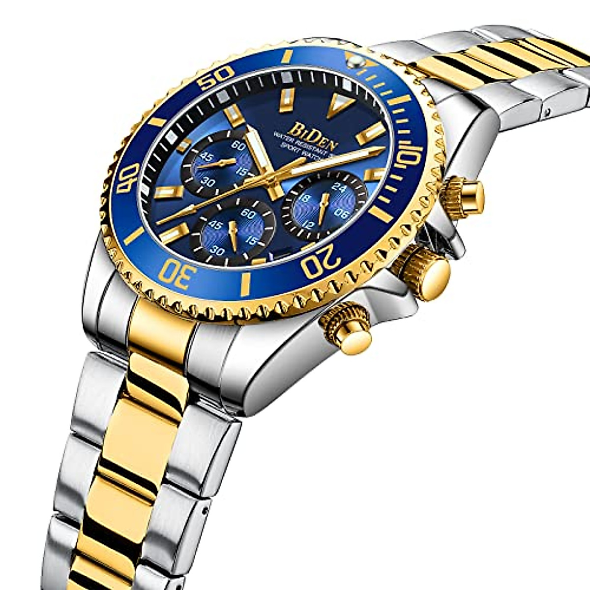 BIDEN Mens Watches Chronograph Gold Blue Stainless Steel Waterproof Date Analog Quartz Watch Business Casual Fashion Wrist Watches for Men