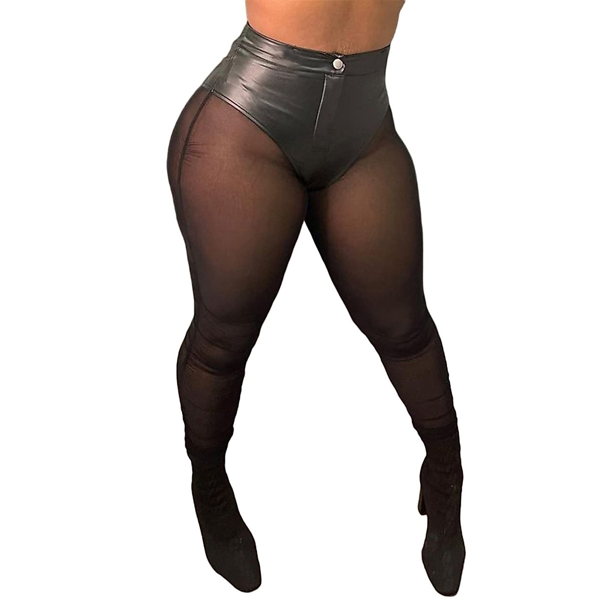 Sxglamr Women's See Through Leggings Sexy Elastic Pencil Sheer Pants Black Mesh High Waist Casual Tights