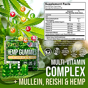 JOYLI Hemp Gummies - Natural Lung Cleanse with Mullein Leaf & Reishi Mushroom - Extra Strength Clean Lung Support Supplement with Vitamins A, C, D & E - Sugar-Free, Vegan, Non-GMO - 60 Edibles