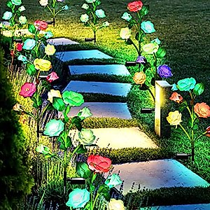 BBTO 12 Pack 7 Color Changing Solar Rose Flower Lights Outdoor Solar Flowers Lights Outdoor Garden Waterproof Realistic Rose Yard Lights for Outside Yard Flowerbed Pathway Christmas Gift