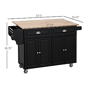 HOMCOM Rolling Kitchen Island Cart with Drop Leaf, Kitchen Cart on Wheels with Rubber Wood Top, 2 Drawers and 2 Storage Cabinets, Island Table for Kitchen, Dining Room, Black
