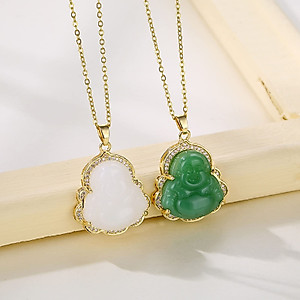 Laughing Buddha Pendant Necklace 18k Gold Plated Jade Smiling Buddha Chain Bling Necklace Dainty Gemstone Lucky Amule Amulet Jewelry for Women Men-B White