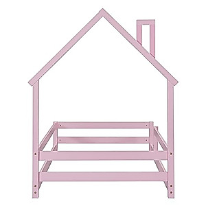 Twin Size Platform Bed, Wooden Platform Bed Frame with House-Shaped Headboard, Floor Bed with Fences for Kids Boys Girls Bedroom (Pink 01)