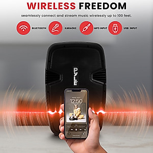 Pyle Wireless Portable PA Speaker System-Compatible with Bluetooth,Active Loudspeaker,1000 Watt Powered 2-Way Waterproof Amplifier, 12” Subwoofer, Tweeter, RCA, XLR, Mic In for Dj & Party-PPHP1241WMU