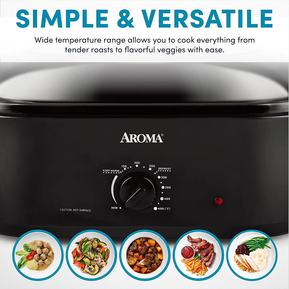 AROMA 18Qt. Roaster Oven with Self-Basting Lid, Fits 22-lb. Turkey, Adjustable Temperature Settings, Keep Warm Setting, Black (ART-718B)