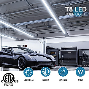 JESLED 10-Pack 8FT LED Shop Light Fixture, 90W 12000LM 6500K LED Tube Lights T8 Integrated, Linkable, Plug and Play, High Output, D Shape 3 Rows 300 Degree Lighting for Garage, Workshop