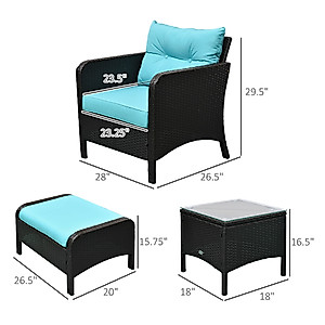 Outsunny 5 Pieces Rattan Wicker Lounge Chair Outdoor Patio Conversation Set with 2 Cushioned Chairs, 2 Ottomans and Tempered Glass Top Coffee Table, Blue