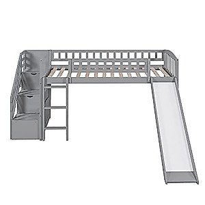 HABUHOME Twin Size Low Loft Bed with Convertible Slide, Stairs with Two Drawers, Stairway Loftbed Frame, for Kids Boys Girls, Gray